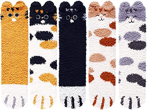 5 Pack Fuzzy Cat Paw Socks for Women Girls Gifts Cute Fun Cozy Fluffy ...